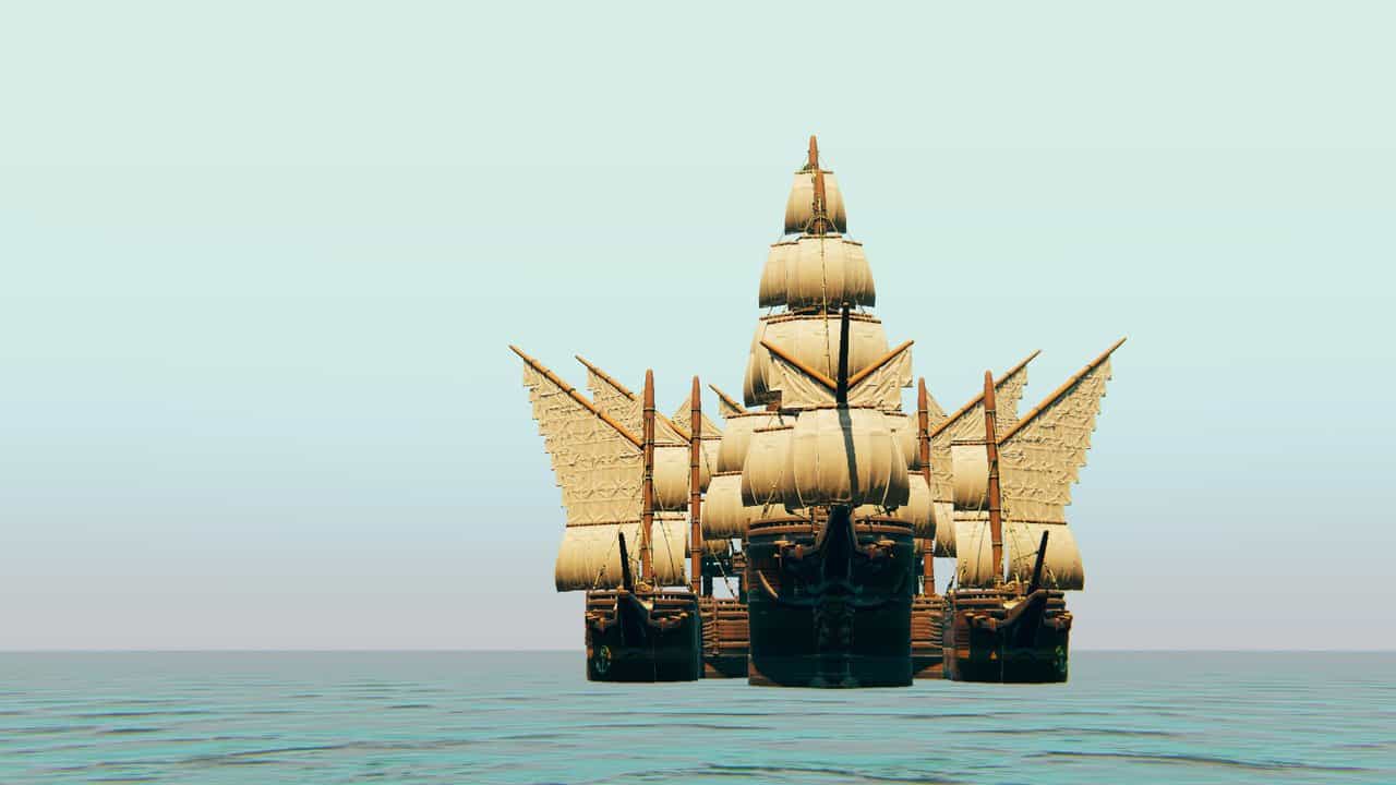 a fantasy tripled hull ship,,,a monster hunter - Tales Tavern