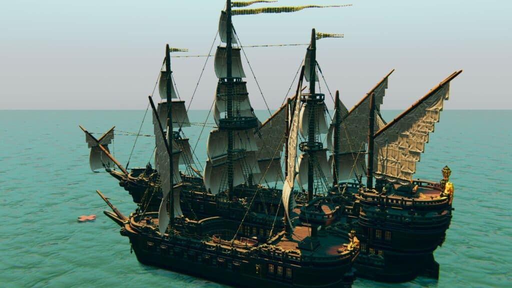 a fantasy tripled hull ship,,,a monster hunter - Tales Tavern