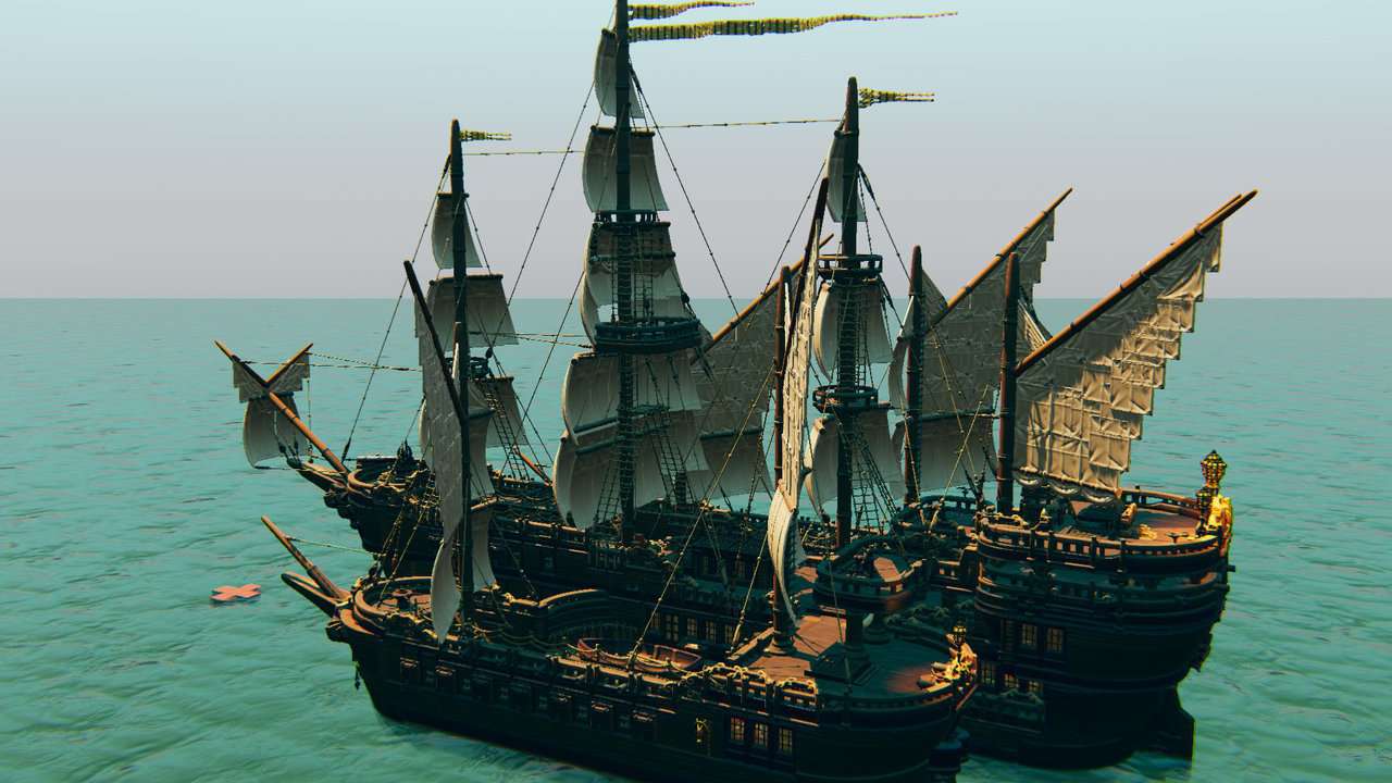 a fantasy tripled hull ship,,,a monster hunter - Tales Tavern