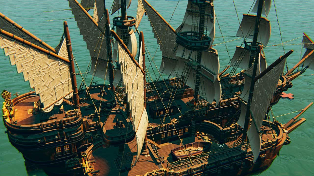 a fantasy tripled hull ship,,,a monster hunter - Tales Tavern