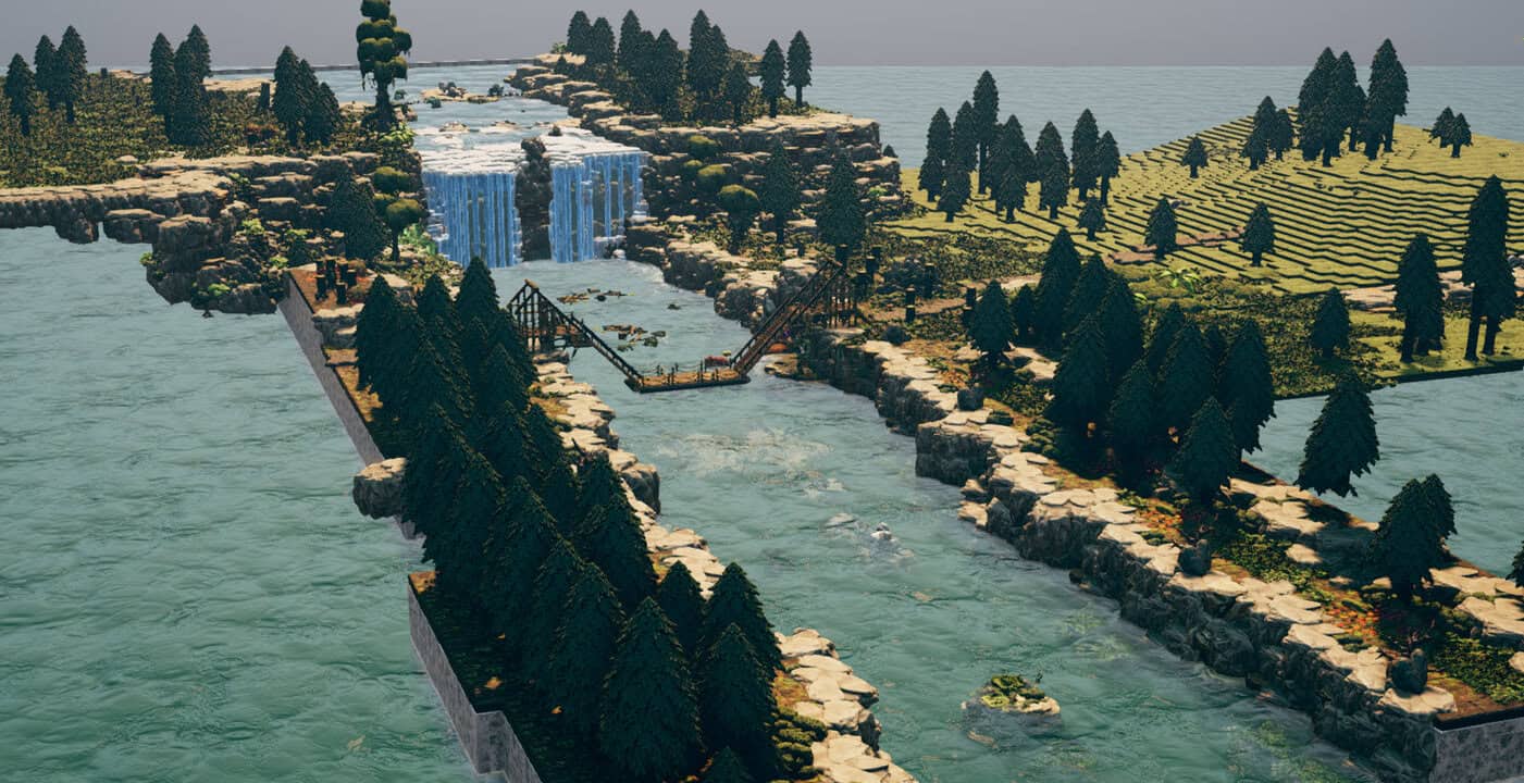 Rising river with waterfall and suspension bridge - v2 - Tales Tavern