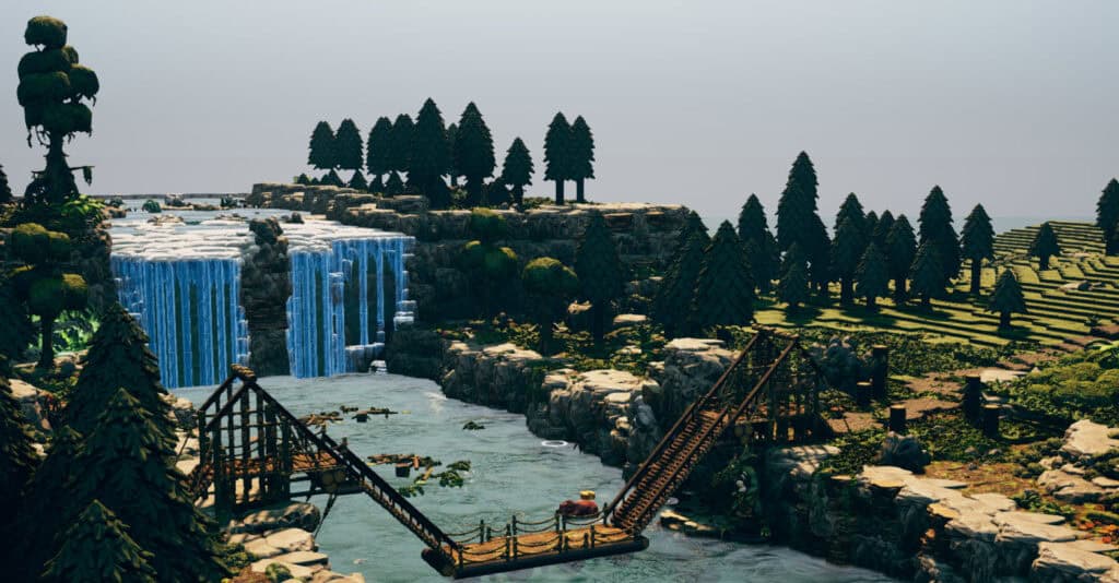 Rising river with waterfall and suspension bridge - v2 - Tales Tavern